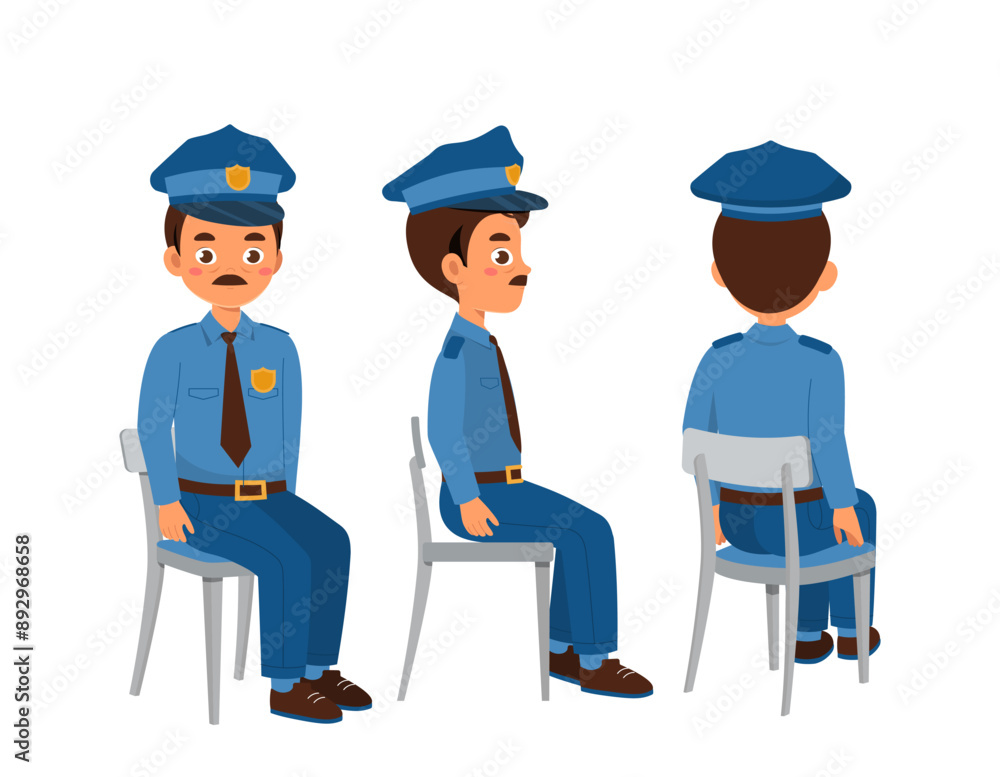 Police officer set. Sheriff with badge in uniform sit at chair. Pack of ...