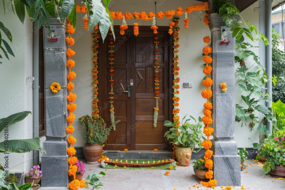 Marigold Decorated Entrance to a Home Stock Photo | Adobe Stock