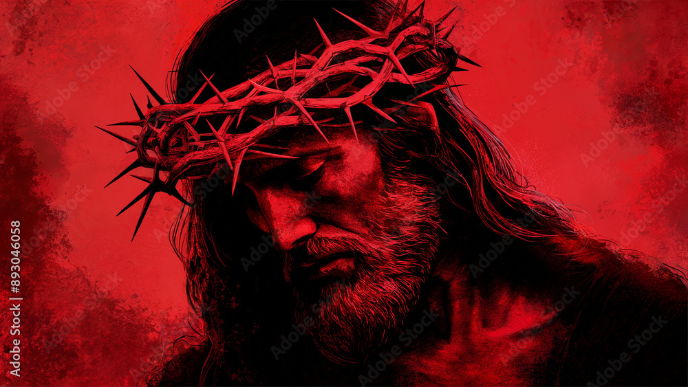 A close-up of a man with a crown of thorns on his head. The thorns are ...
