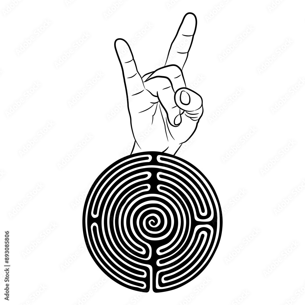 Human hand in horn gesture emerging from a round spiral maze or ...