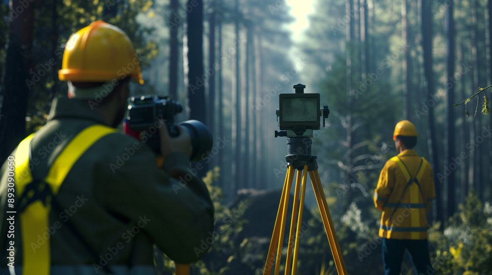A group of wearing surveyors conducting a land survey in a dense forest ...