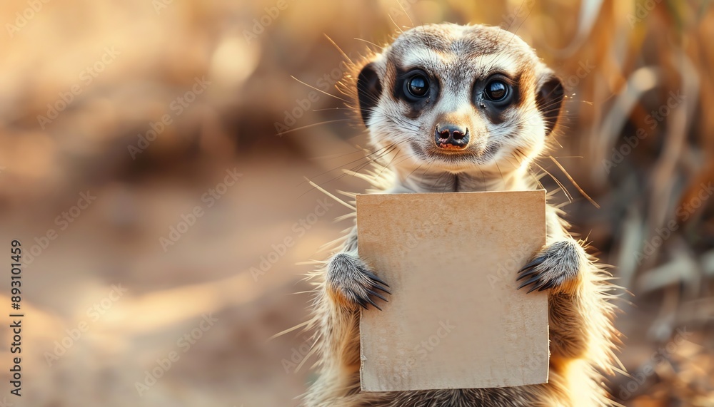 Meerkat holding a blank sign, sandy desert background, playful ...