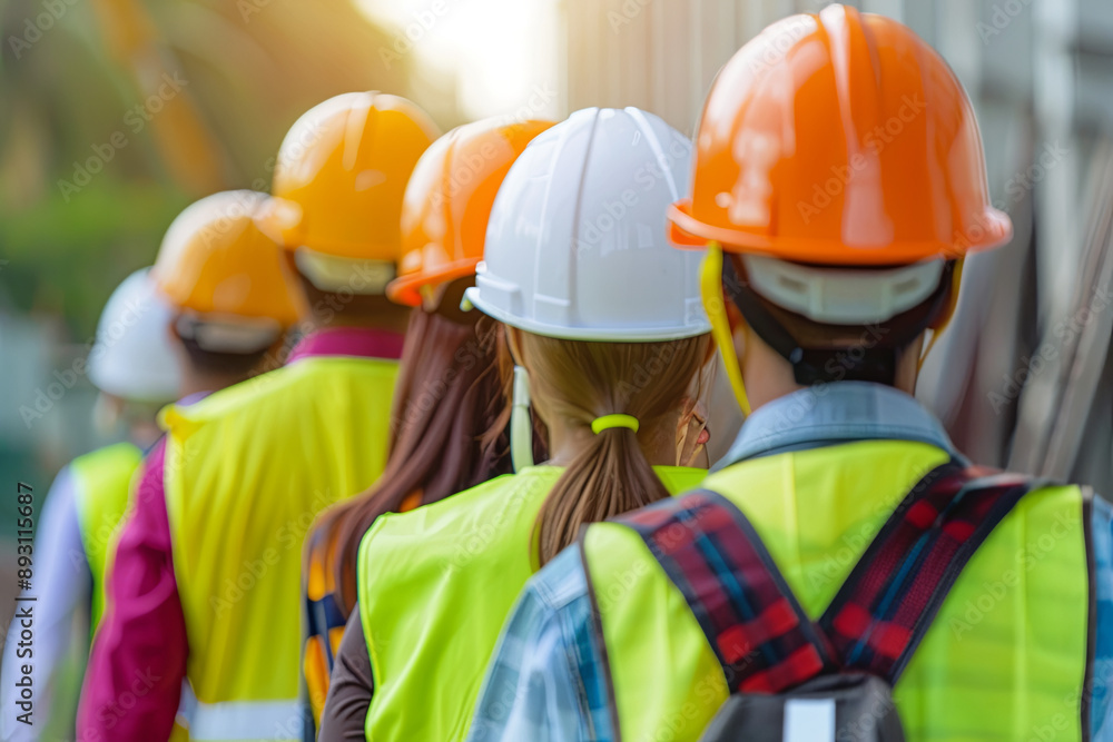 Engineer team holding hardhat standing in row ready for work.Worker ...