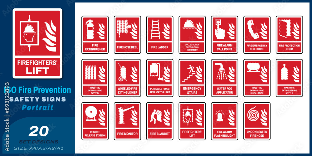 Vector de Stock 20 set ISO fire prevention safety signs v17 size a4/a3 ...