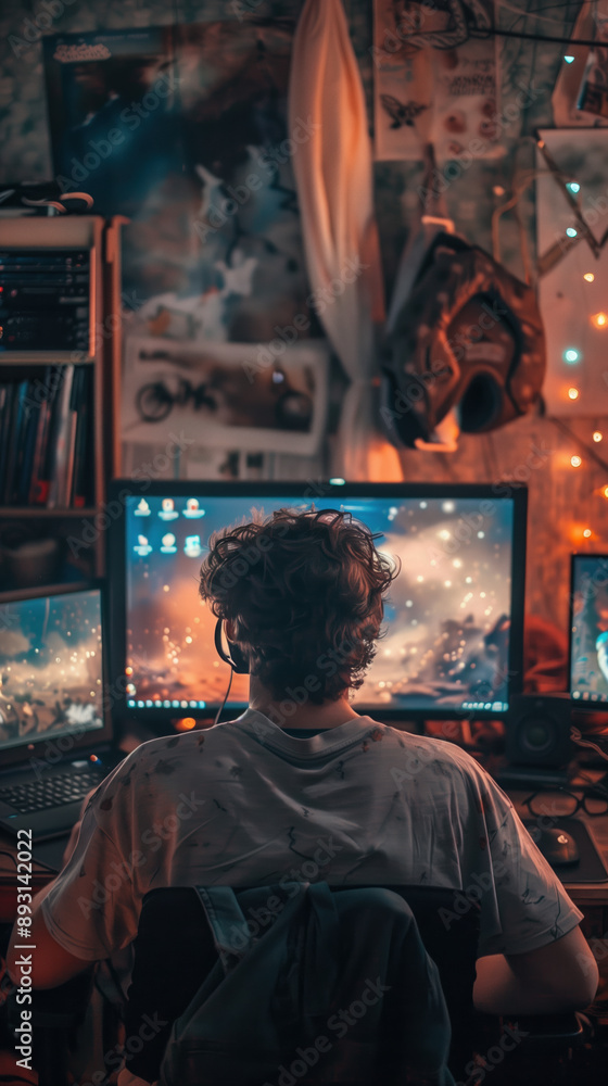 Nerdy Character Engaged in Gaming on a PC in a Dirty, Disorganized ...
