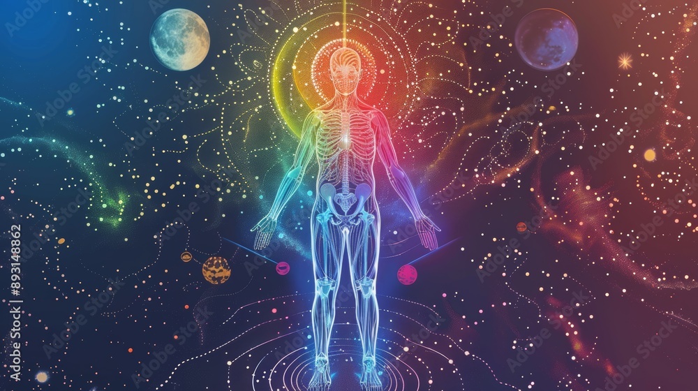 Spiritual evolution depicted with chakras, planets, and stars in ...