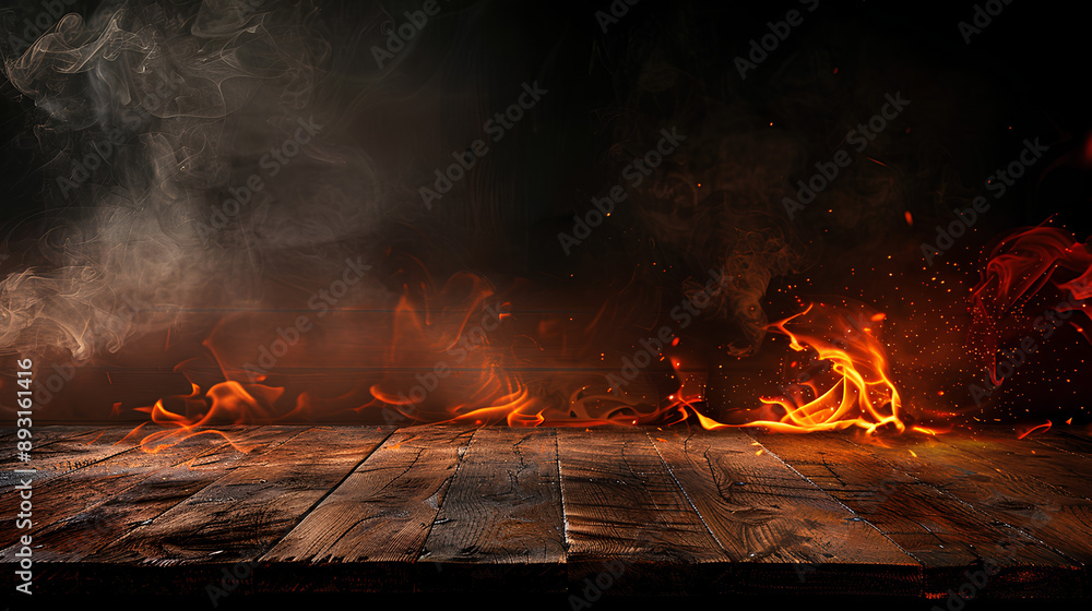Blank wooden table with fire burning at the edge of the table, fire ...