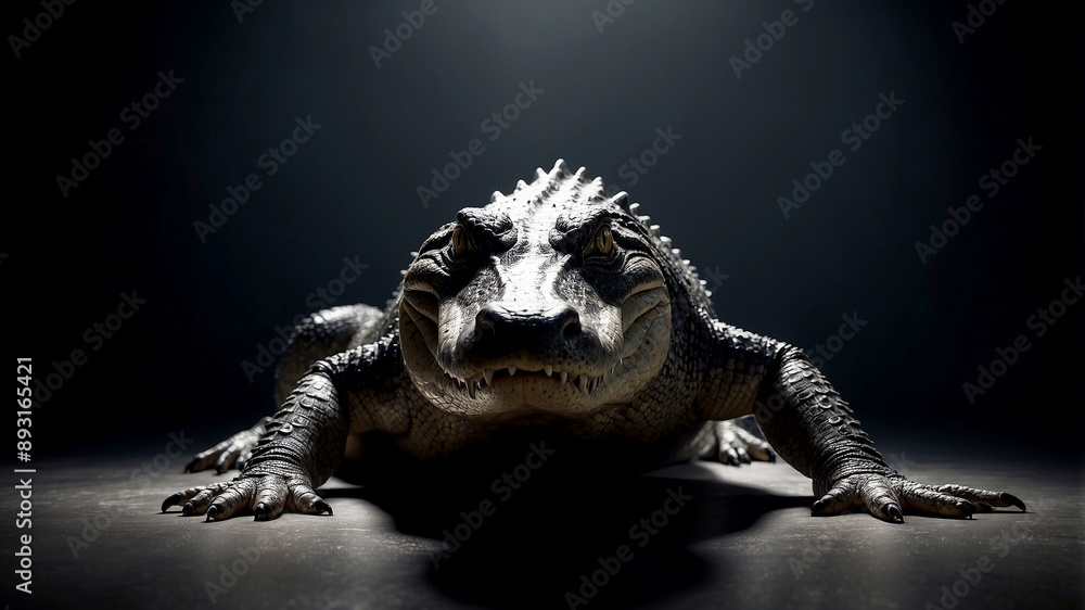 full-body shot of an alligator under a spotlight against a dark, moody ...
