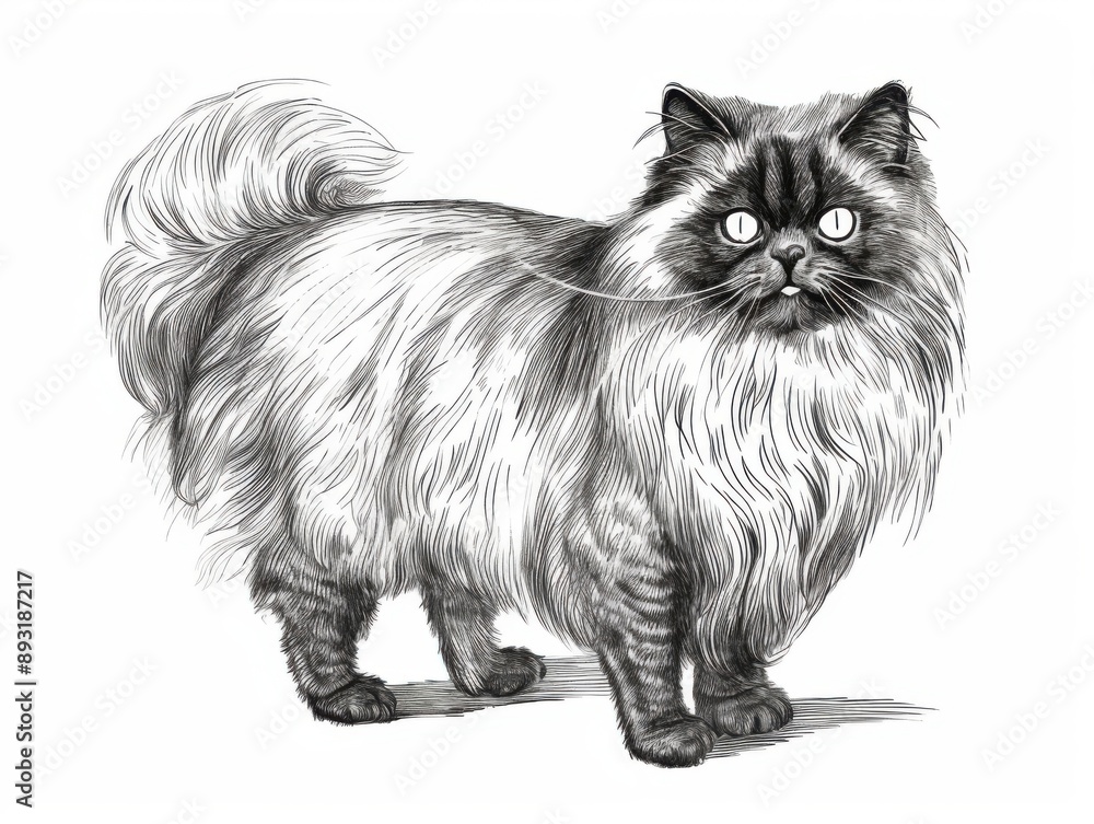 Black and white Vintage engraved art of a Himalayan cat isolated on ...