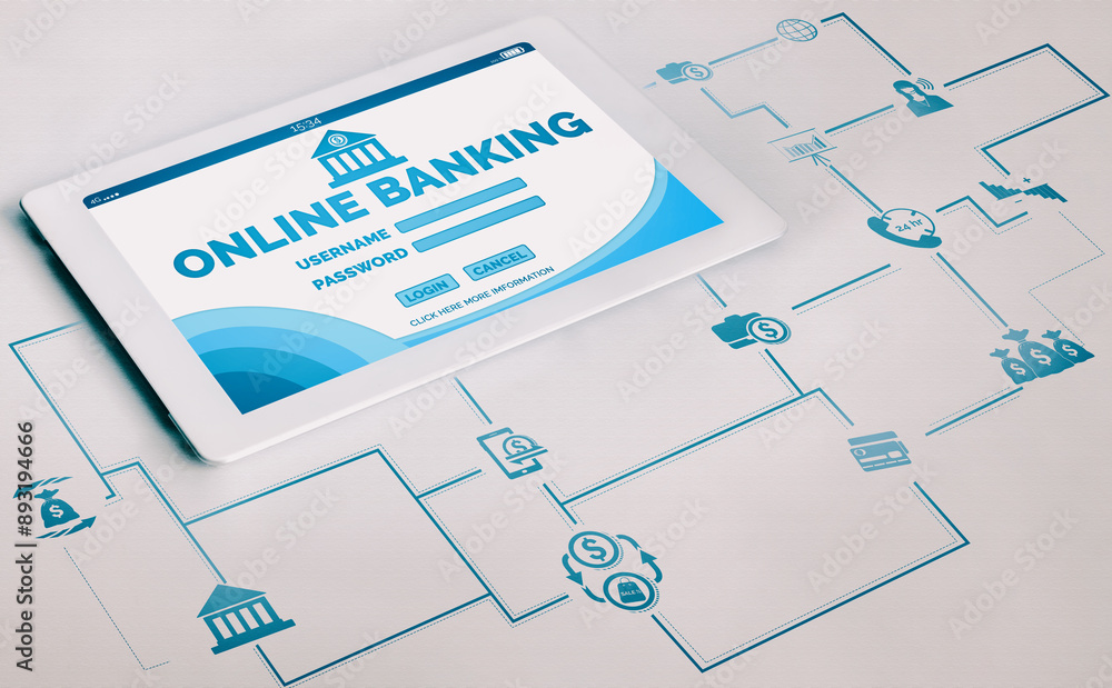 Computer with online banking application in tablet device connected to ...