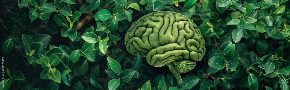 Green brain shape surrounded with fresh leaves, nature inspired ...