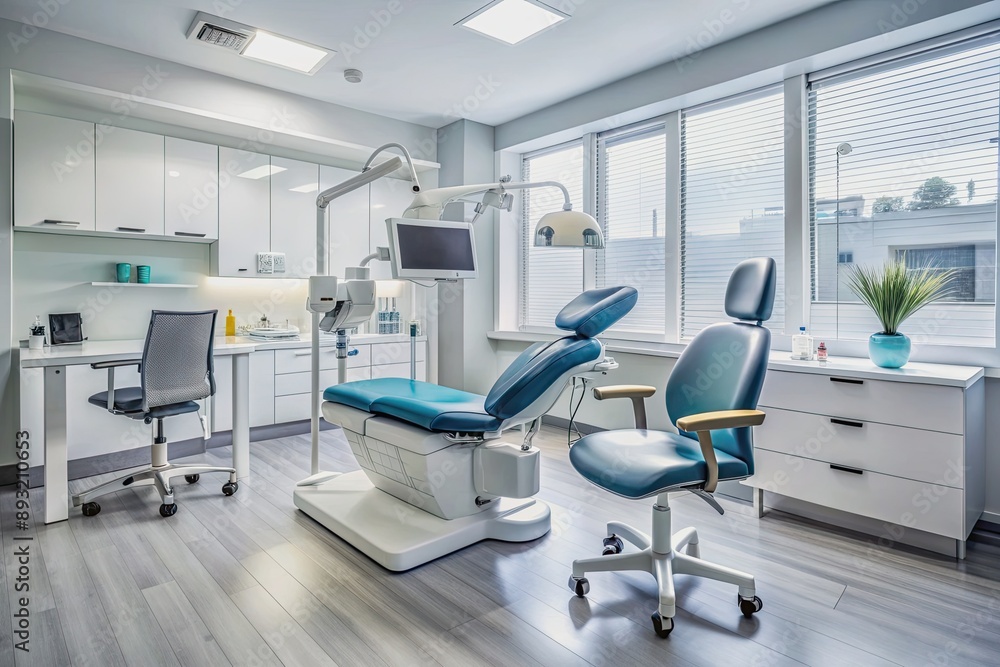 A modern dental clinic setup with a vacant chair, dental tools, and ...