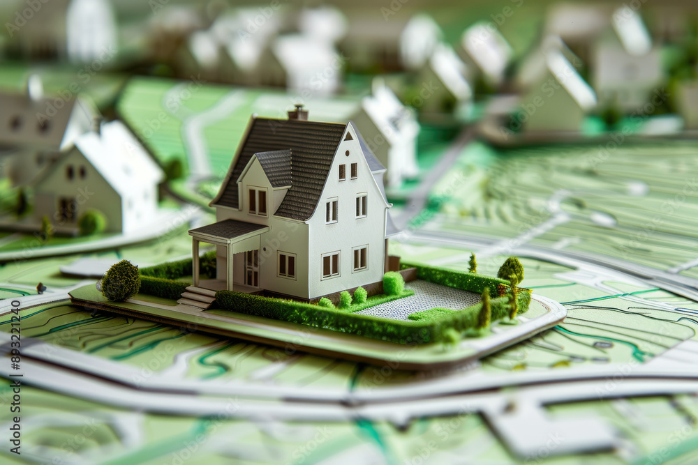 A close-up of an architectural model house on top of a map with green ...