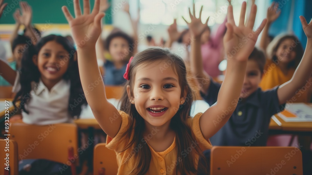 Young girl arms in air beautiful smile happy Caucasian in orange shirt ...