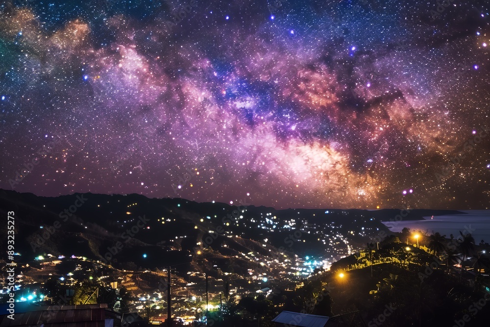 Starry sky over Mount". The Milky Way and stars above the city of ...