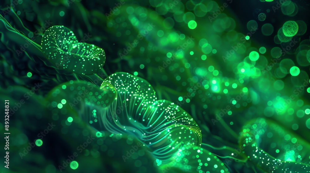 Bioluminescent Algae Macro of glowing algae, each cell a detailed burst ...