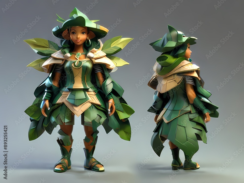 Design a 3D character wearing eco-friendly fashion made from recycled ...