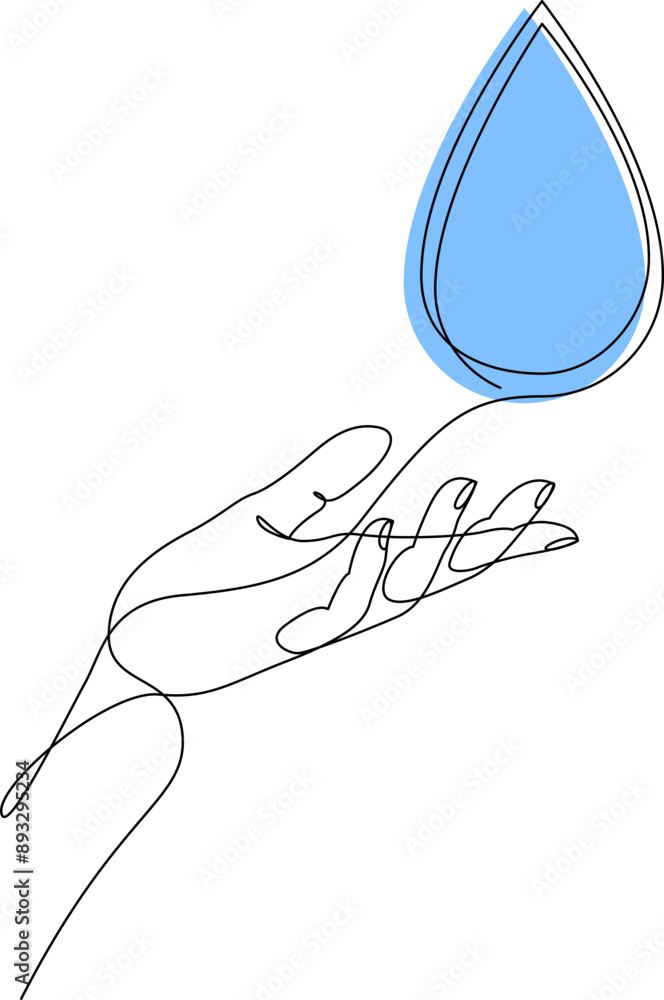 Continuous one line drawing of human hand holding water drop. Blue ...