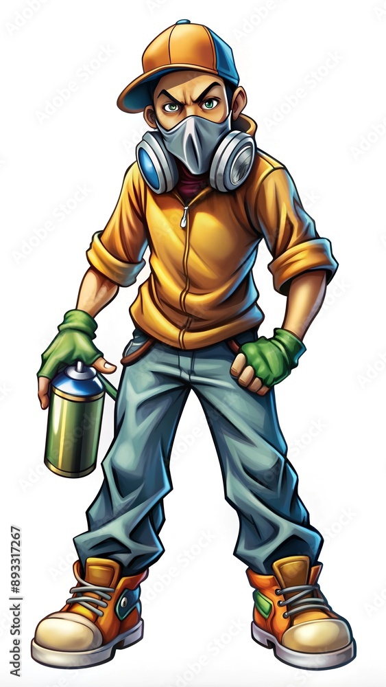 A cartoon street artist wearing a respirator mask and holding a spray ...