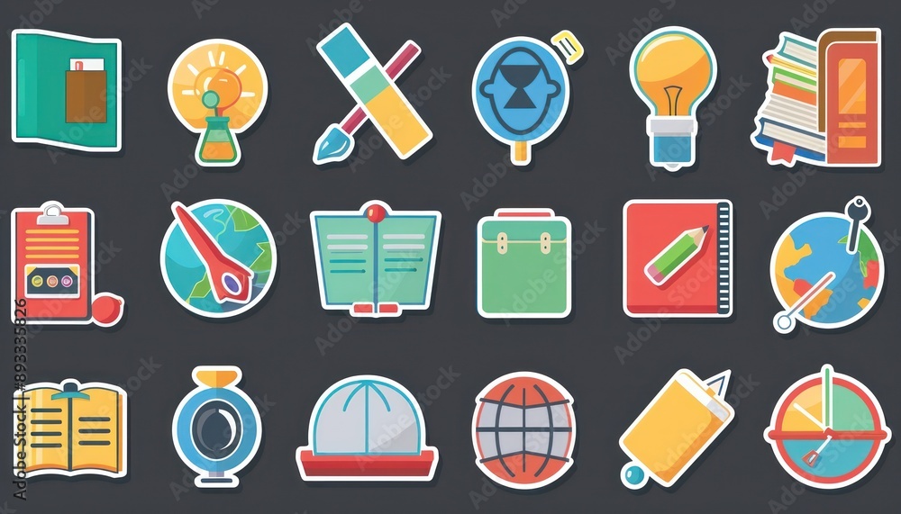 Simple and colorful flat vector icons for school on dark grey, sticker ...