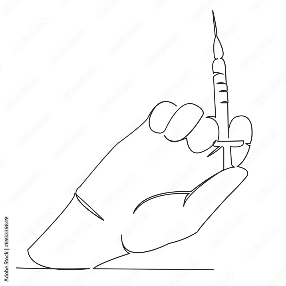 One continuous single drawn line art doodle hand, syringe, medicine ...