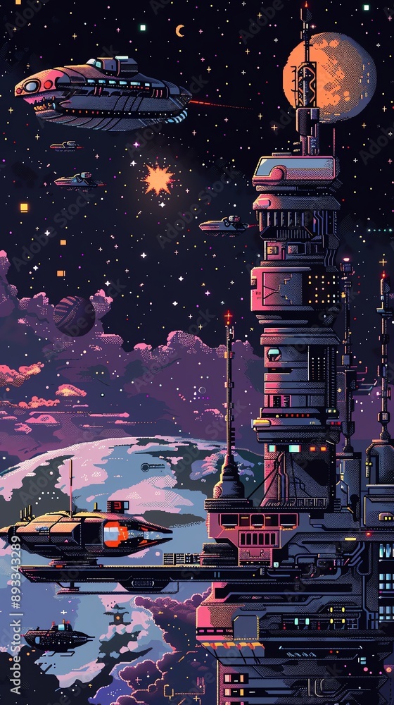 Futuristic space station with spaceships orbiting a distant planet ...