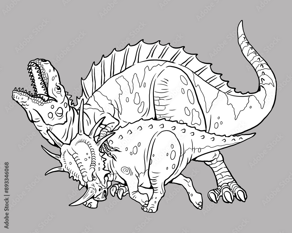 Fight between two dinosaurs. Styracosaurus fighting with the predatory ...