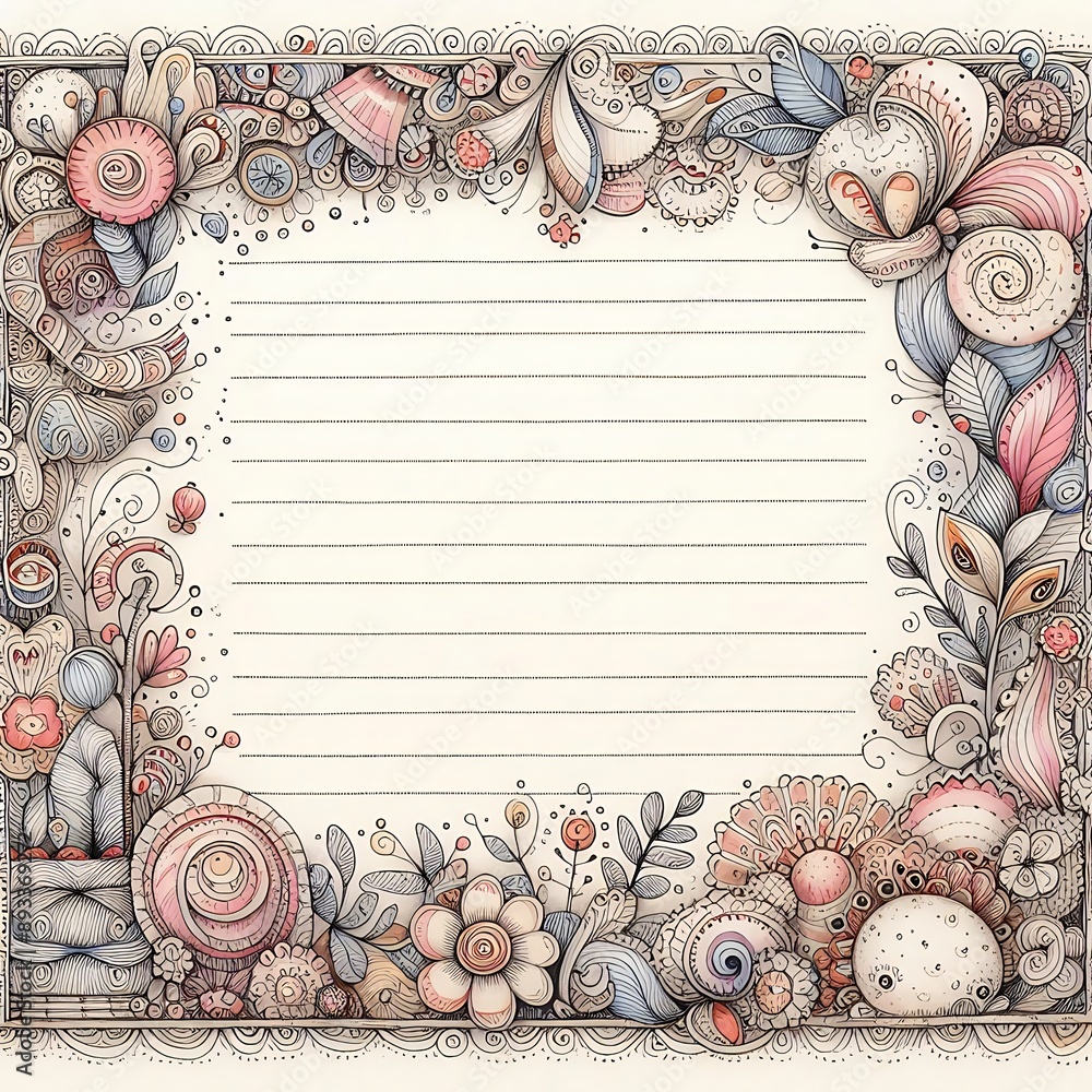 Lined note writing paper with a whimsical foliage drawing in border ...