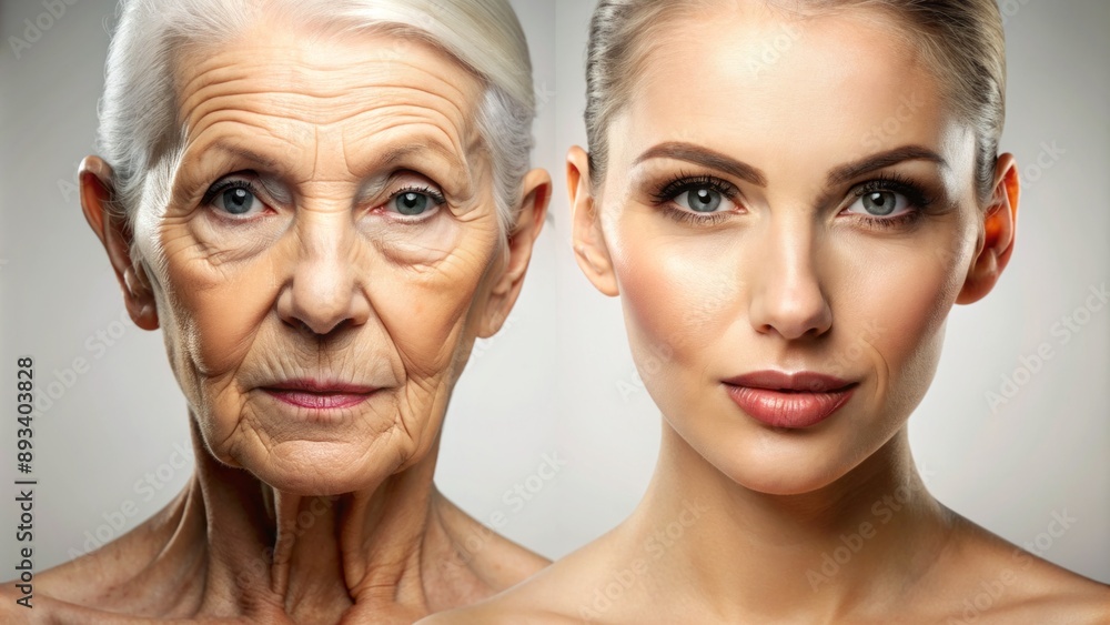 Dramatic contrast between dull, dry, and wrinkled skin versus radiant ...