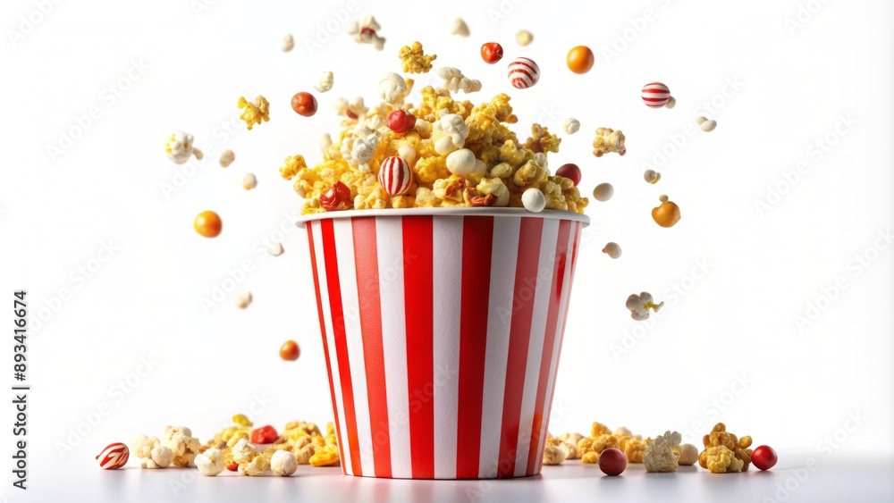 Colorful popcorn pieces bursting out of classic red and white striped ...
