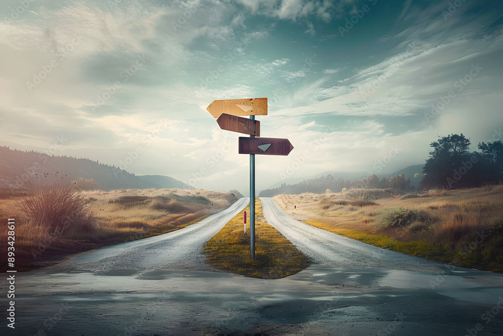 Surreal landscape with a split road and signpost arrows showing two ...