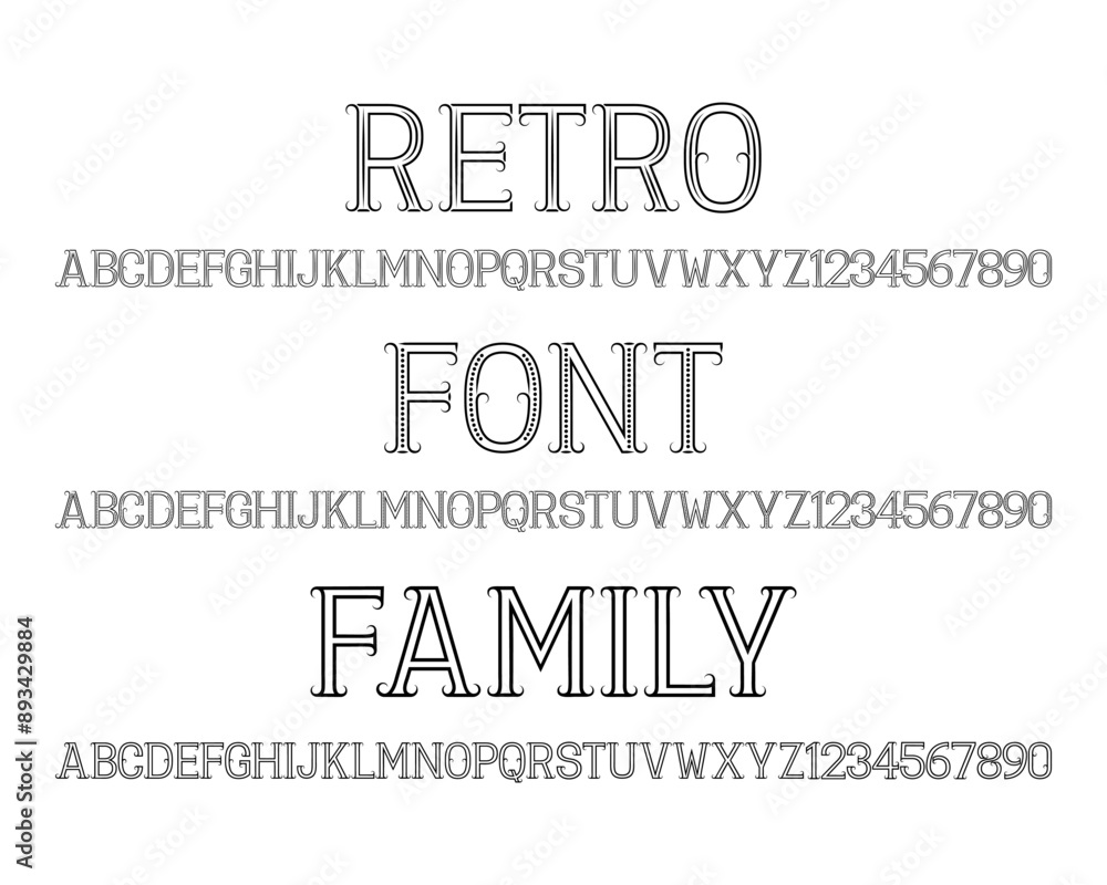 Retro font family. Alphabets and numbers in three similar styles. Stock ...