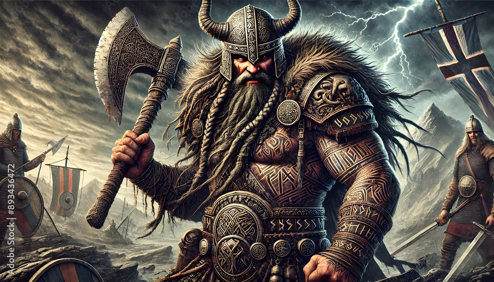 Fierce Viking Warrior in Battle Armor Holding Axe and Shield Amidst ...