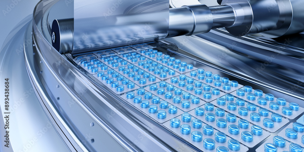 Drug manufacturing process. Conveyor with medical tablets blisters line ...
