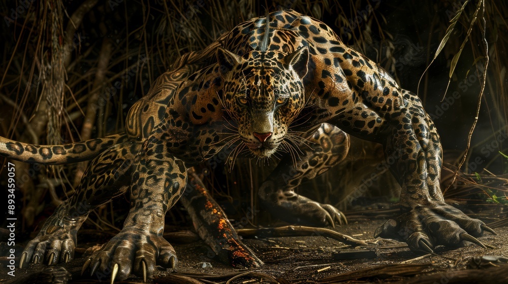 A photograph of a large, muscular humanoid lynx, an eldritch, cursed ...