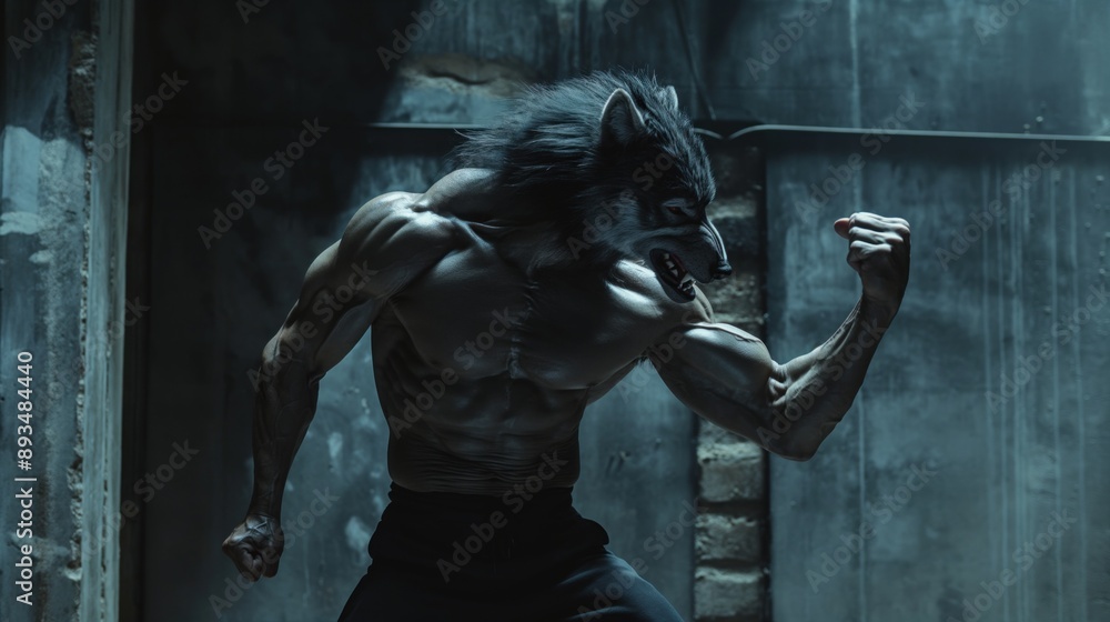Werewolf mid-transformation, muscles bulging and fur sprouting ...