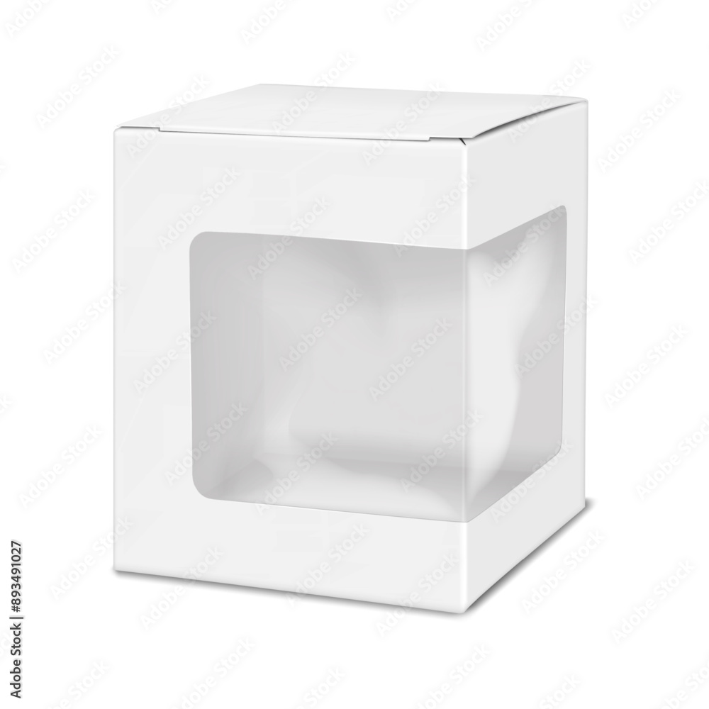 White blank square paper box with plastic window. Realistic 3d vector ...