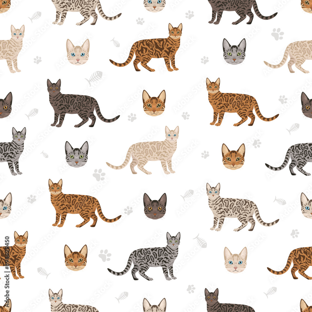 Bengal Cat seamless pattern. All coat colors set. All cat breeds ...