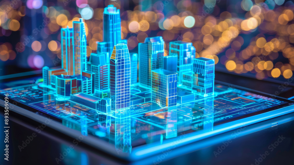 blue digital building and architectures models on the table, digital ...