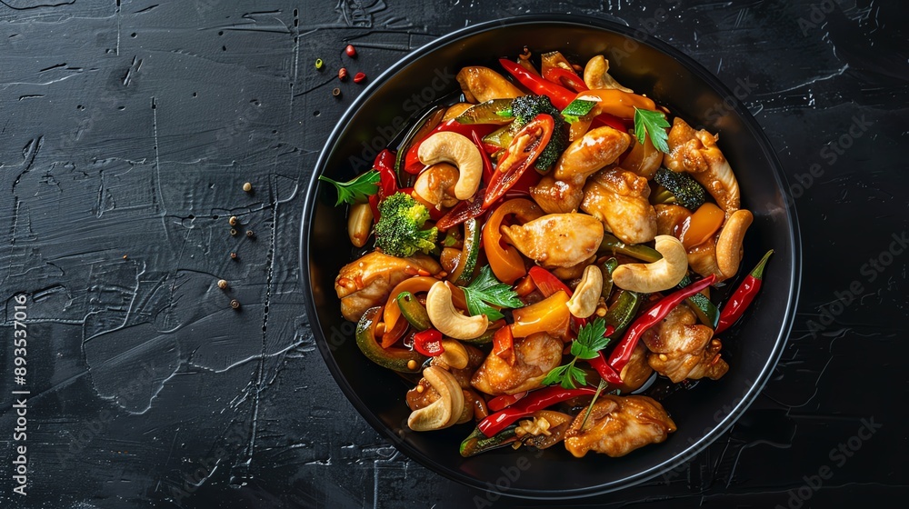 High-resolution, stir-fried chicken with cashew nuts, colorful ...