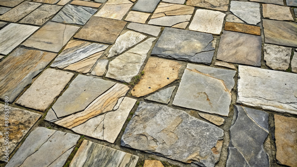 Weathered flagstone pavement texture in muted shades of grey and beige ...