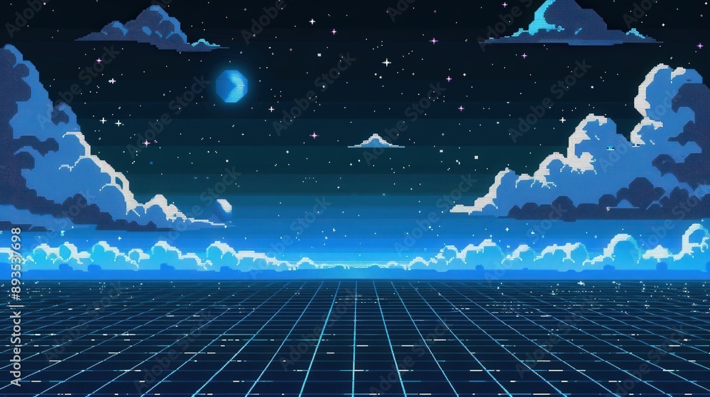Pixelated Night Sky with a Grid Horizon Stock Illustration | Adobe Stock
