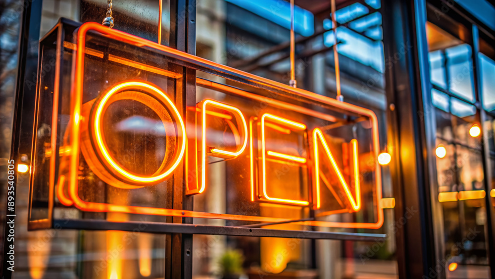 Vibrant neon orange sign with bold font reading Open suspended from a ...