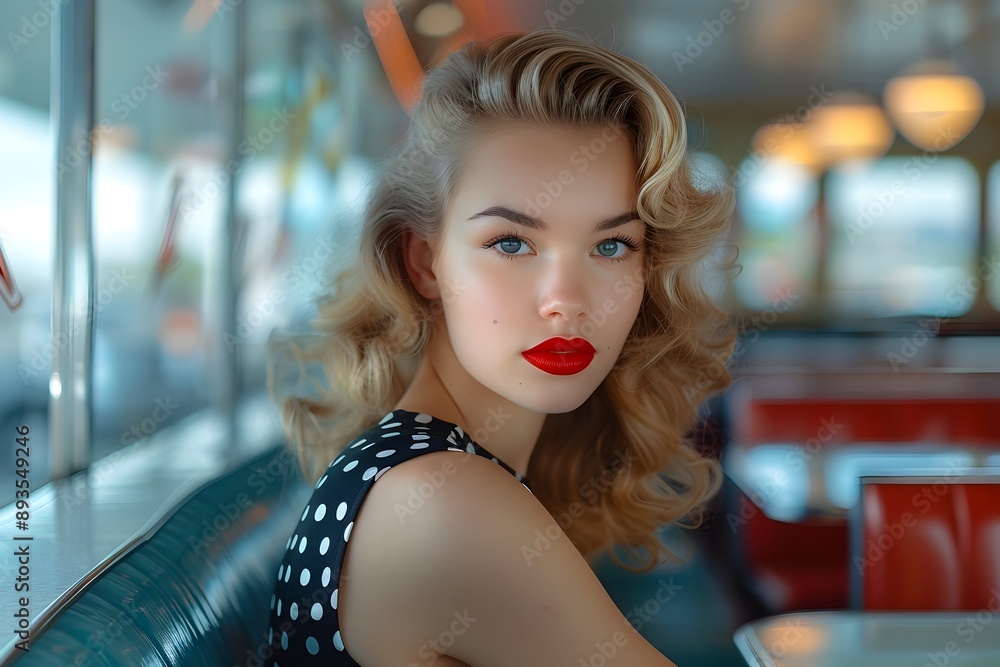 Vintage Pin up Fashion Model in Retro Diner with Polka Dot Dress and ...