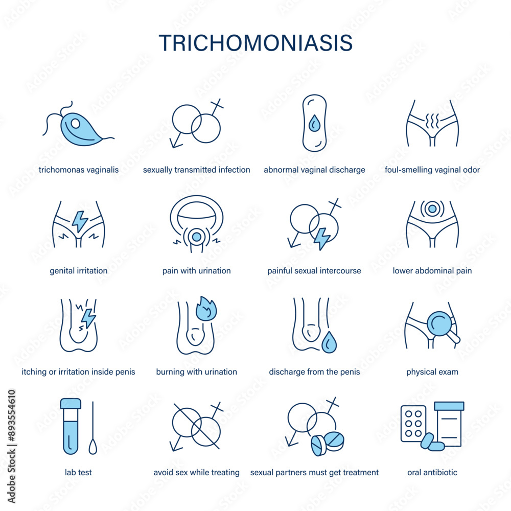 Trichomoniasis symptoms, diagnostic and treatment vector icons. Medical ...