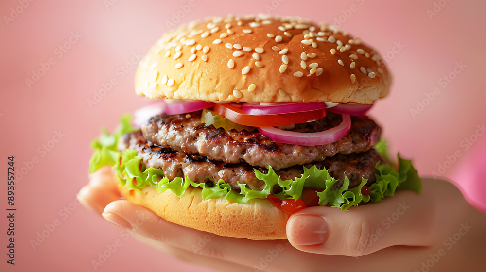 Hand hold hamburger colors pink background. Realistic food clipart ...