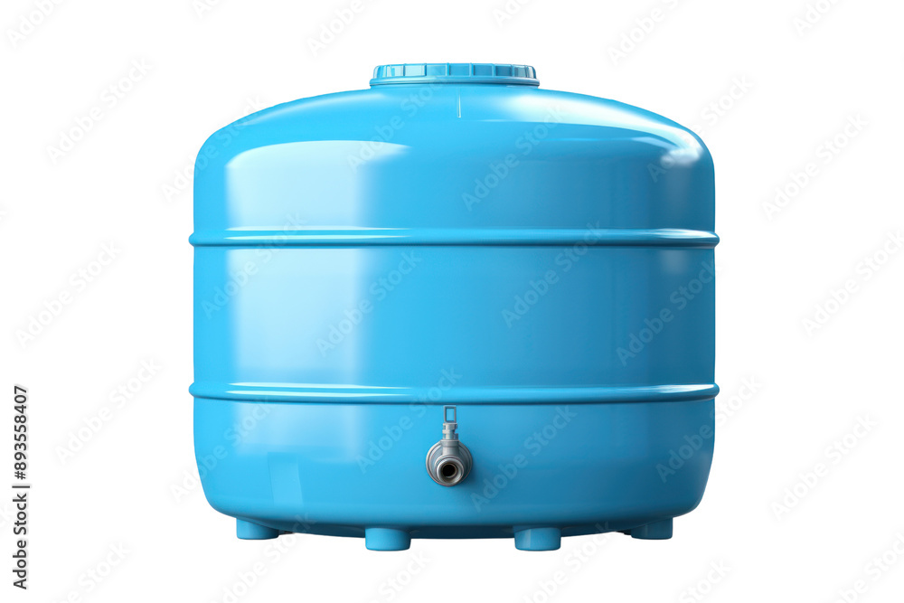 large, round, blue plastic water tank with a white lid and a spigot at ...