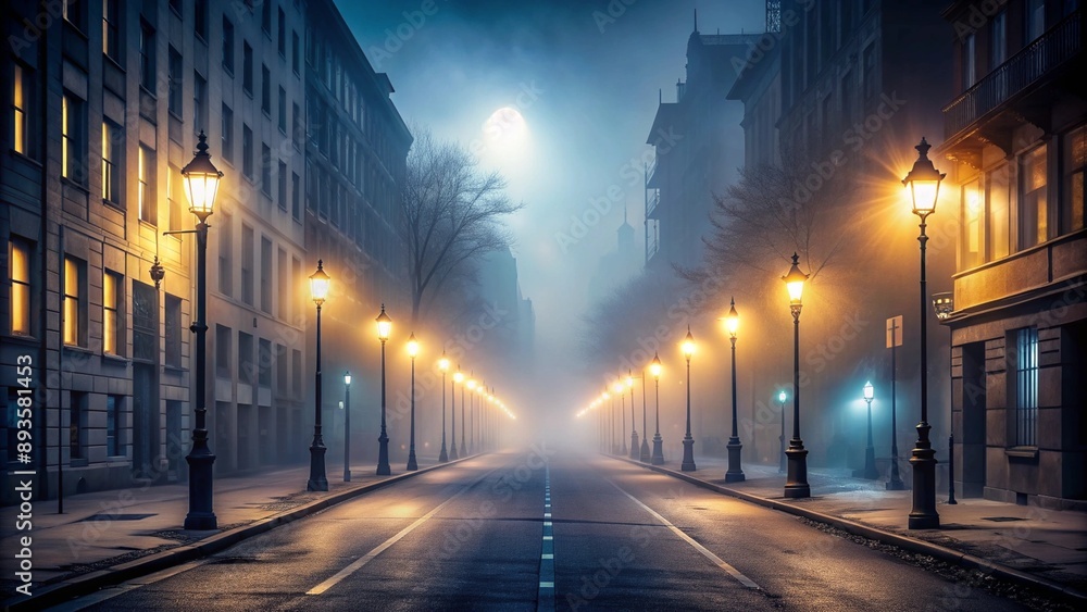 Dense fog enveloping an empty city street, obscuring buildings and ...