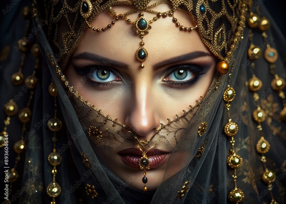 Intricate embroidery on a black veil forms a stunning backdrop for an ...