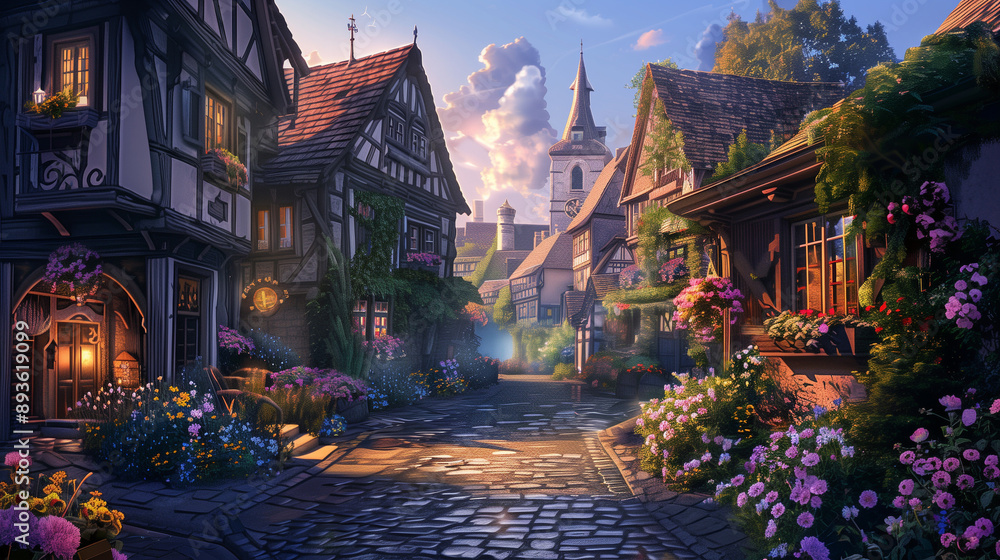 European street in a fairy tale town. Realistic illustration and ...